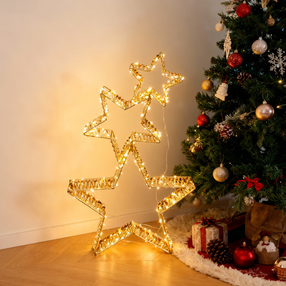 80cm / 140cm Light Up Gold 3pcs Stacked Stars Christmas Indoor/Outdoor ...