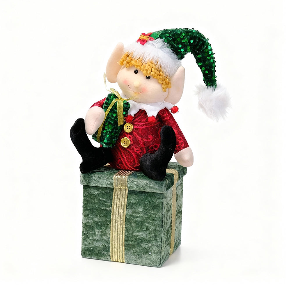 Green Elf Plush on Gift Box – Christmas Ornament & Storage – Christmas Mall