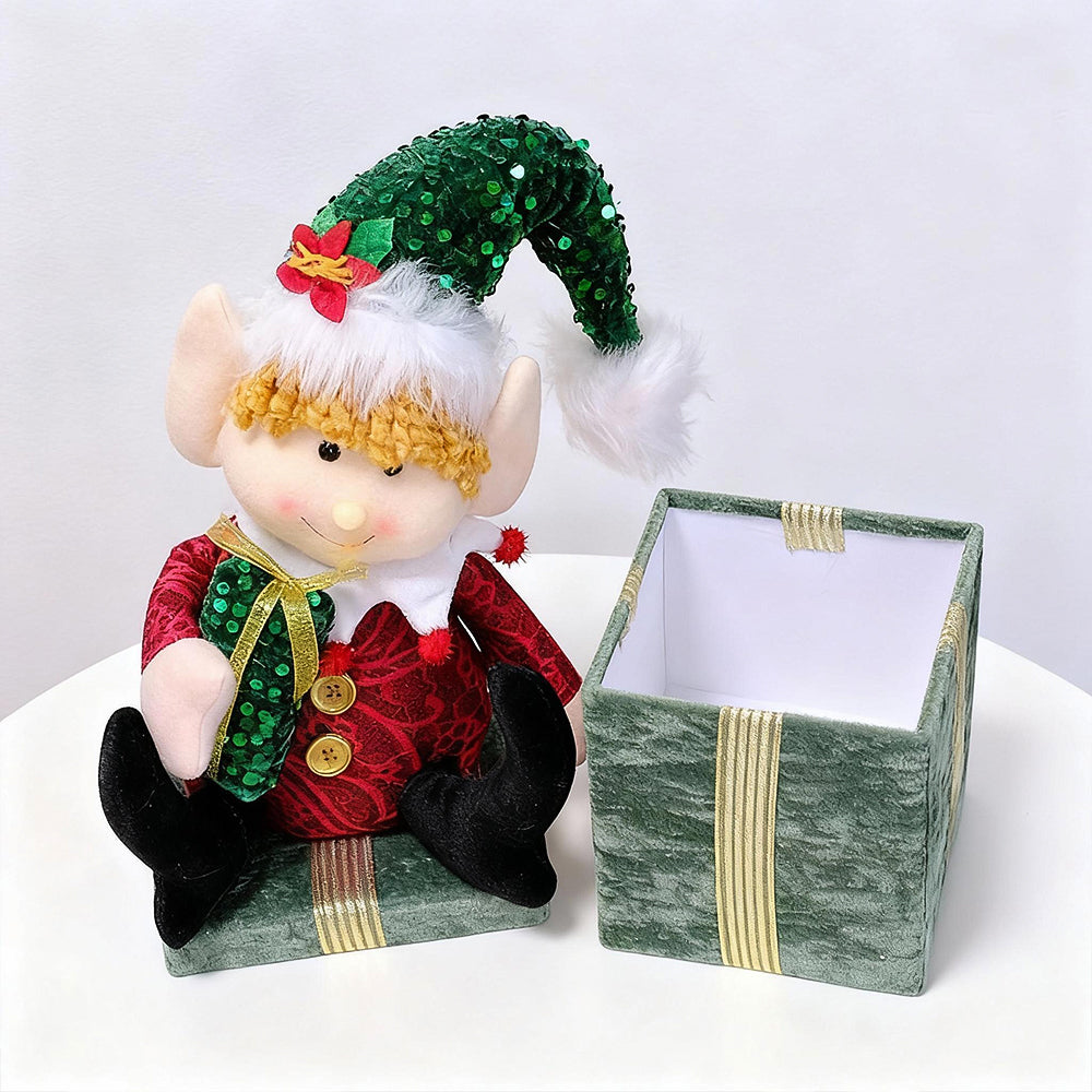 Green Elf Plush on Gift Box – Christmas Ornament & Storage – Christmas Mall