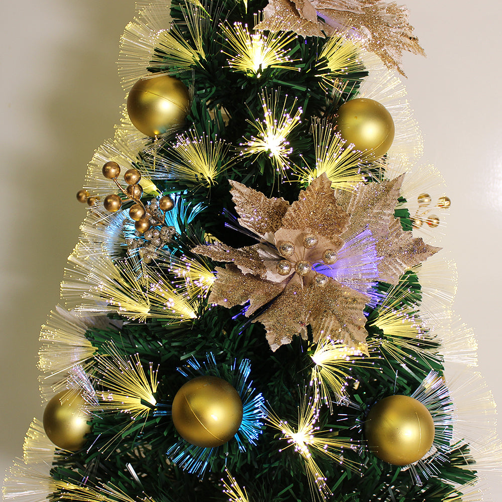Golden Holly Flowers Baubles Christmas Fibre Optic Tree Pre-Lit Warm W ...
