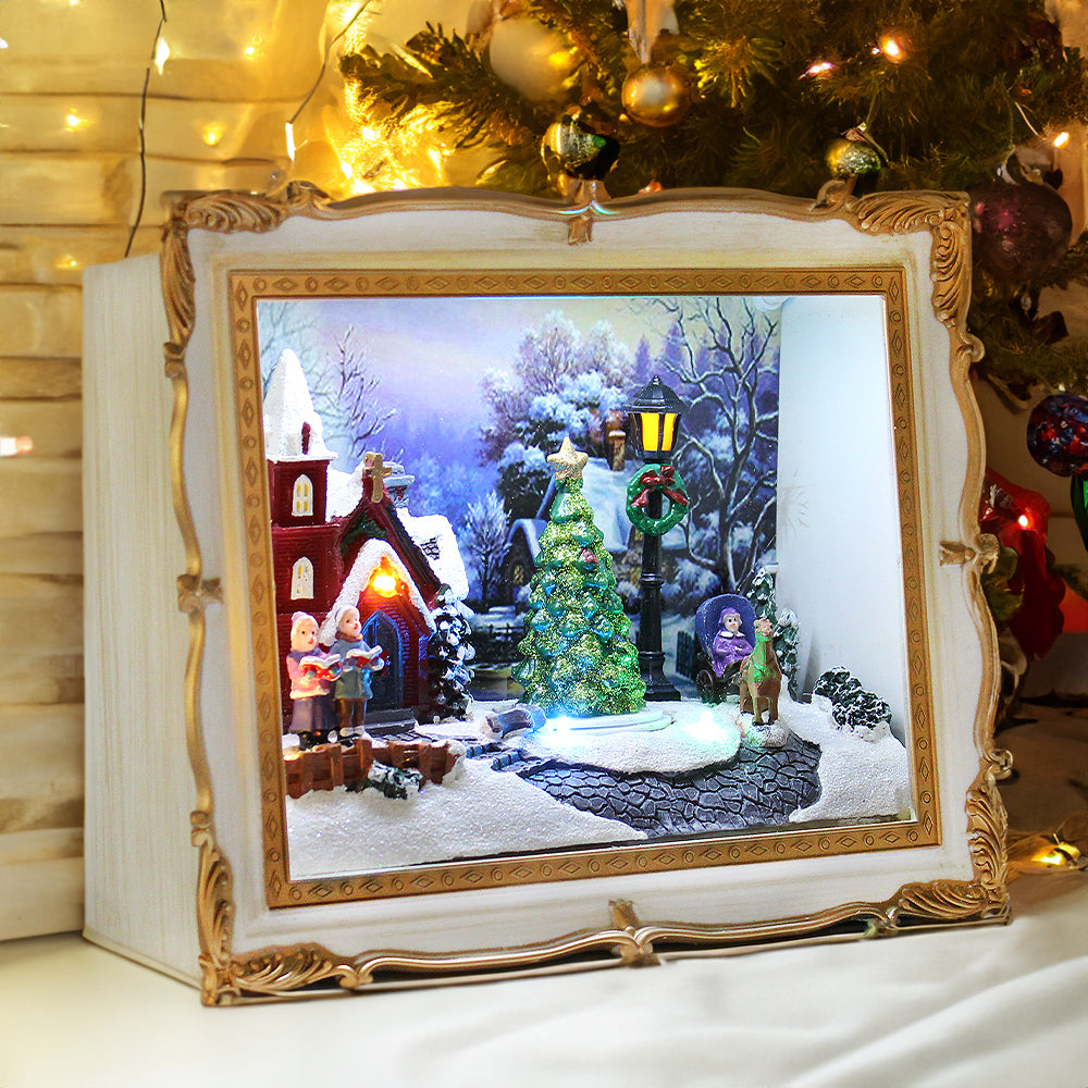 Christmas 3D Frame Animated Winter Village Scene w/ LED lights Music ...