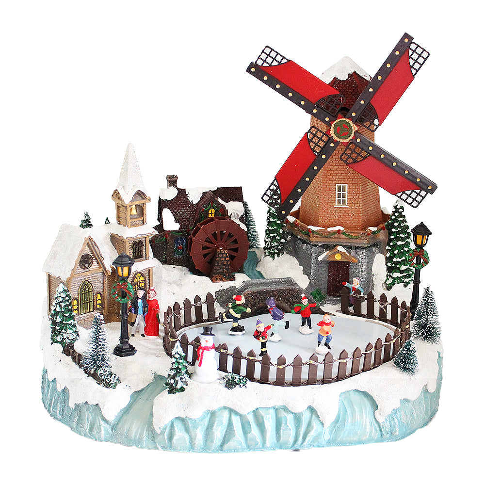 Animated Christmas Village Moving Windmill Skaters Waterwheel LED Ligh ...