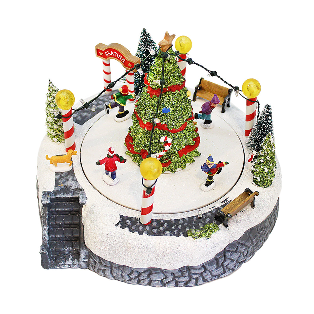 Animated Christmas Village Snowy Skating Rink Rotating Skaters Colorfu ...
