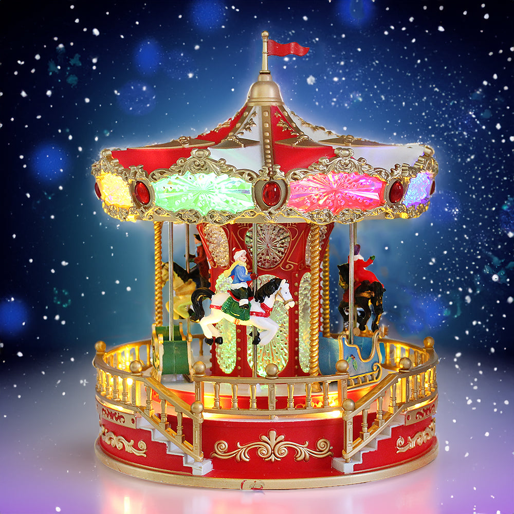 Animated Christmas Village Rotating Carousel Colorful LED Lights Music ...