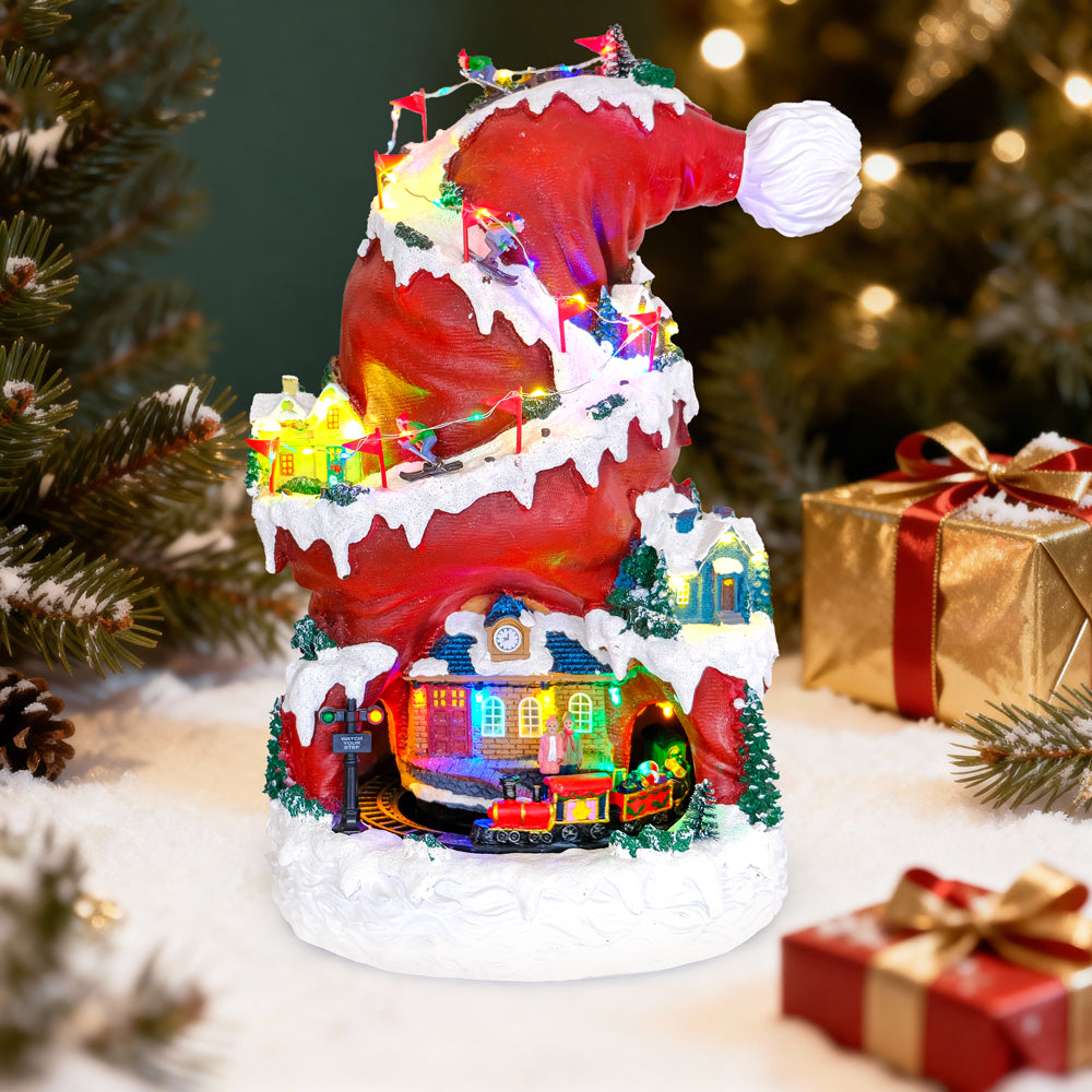 Animated Santa Hat Christmas Music Village with Rotating Train & LED L ...